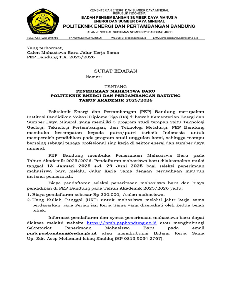 Penerimaan Mahasiswa Baru PEP Bandung 2025 | PDF