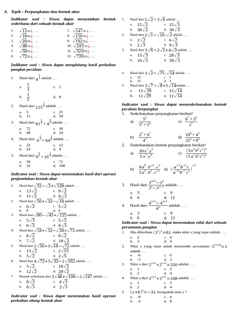 KISI - KISI Dan SOAL MATERI PERPANGKATAN KELAS 9 | PDF