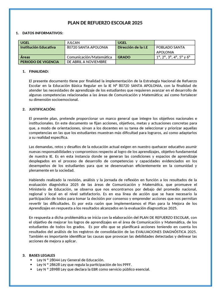 Plan de Refuerzo Escolar Com y Mat 2025 | PDF | Evaluación | Plan de estudios