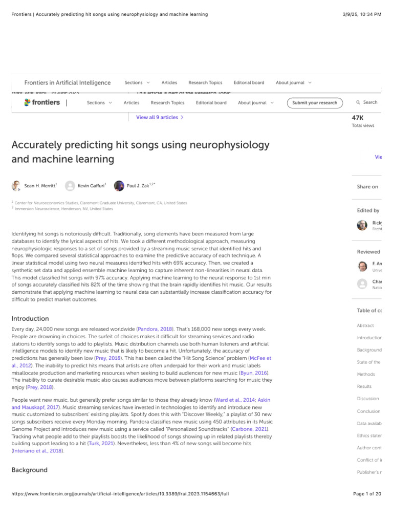 Accurately Predicting Hit Songs Using Neurophysiology and Machine Learning | PDF | Support ...