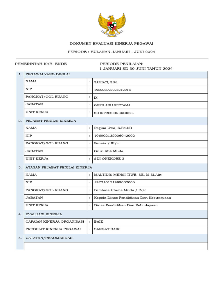 Dokumen Evaluasi Kinerja Pegawai Periode: Bulanan Januari - Juni 2024 | PDF