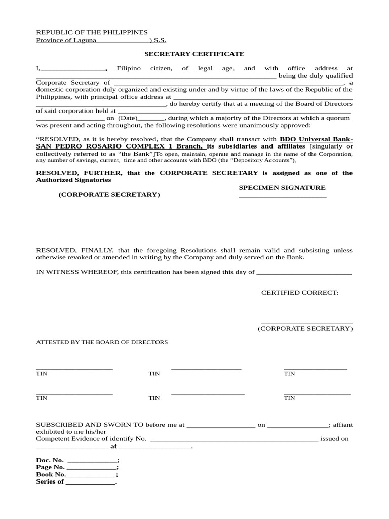 Secretary's Cert. Authorizing Corp Sec As One of Sig. | PDF ...