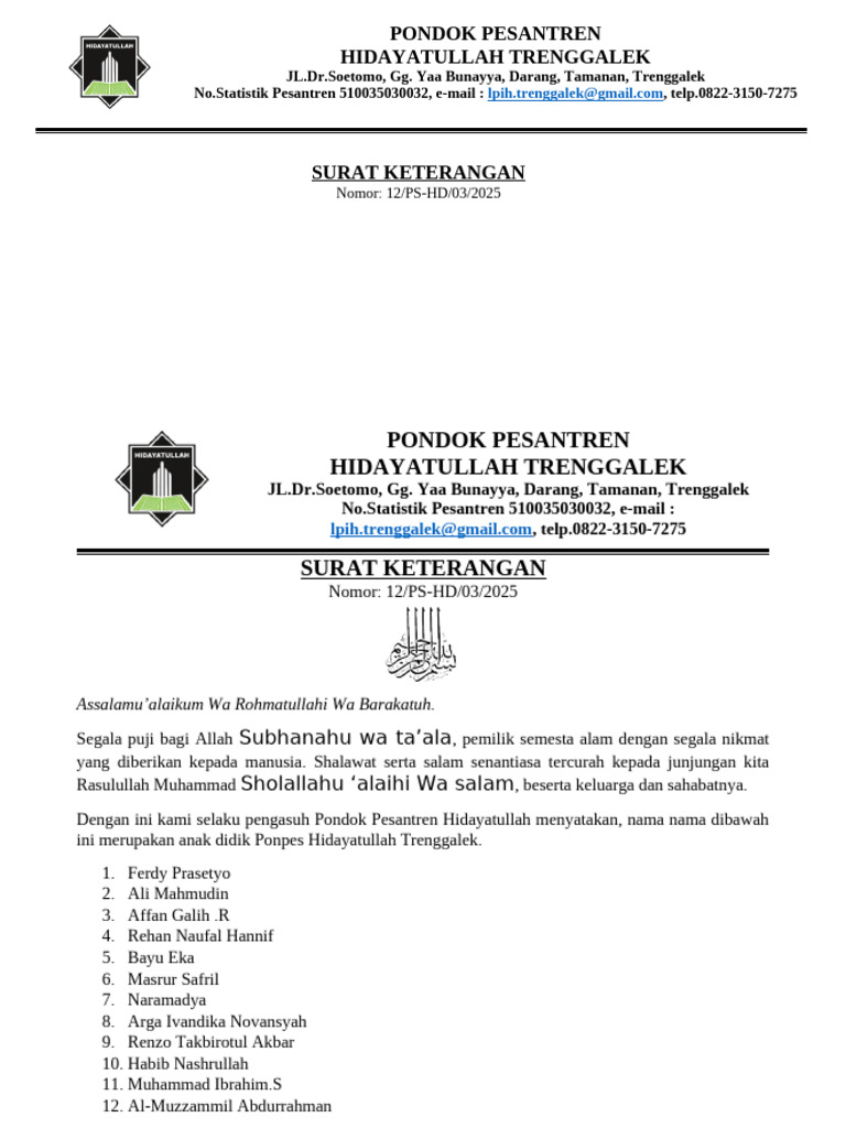Surat Keterangan Pondok | PDF