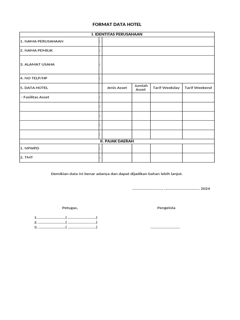 Format Pendataan Hotel | PDF