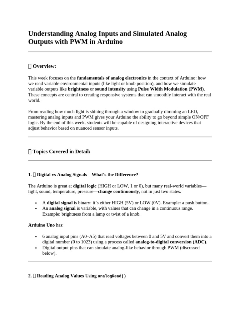 Understanding Analog Inputs and Simulated Analog Outputs With PWM in Arduino | PDF | Analog To ...