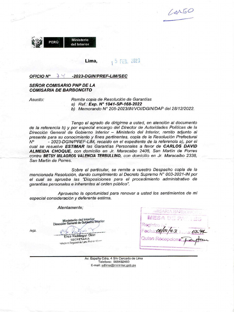 solicitud garantia hacia la comisaria barboncito | PDF