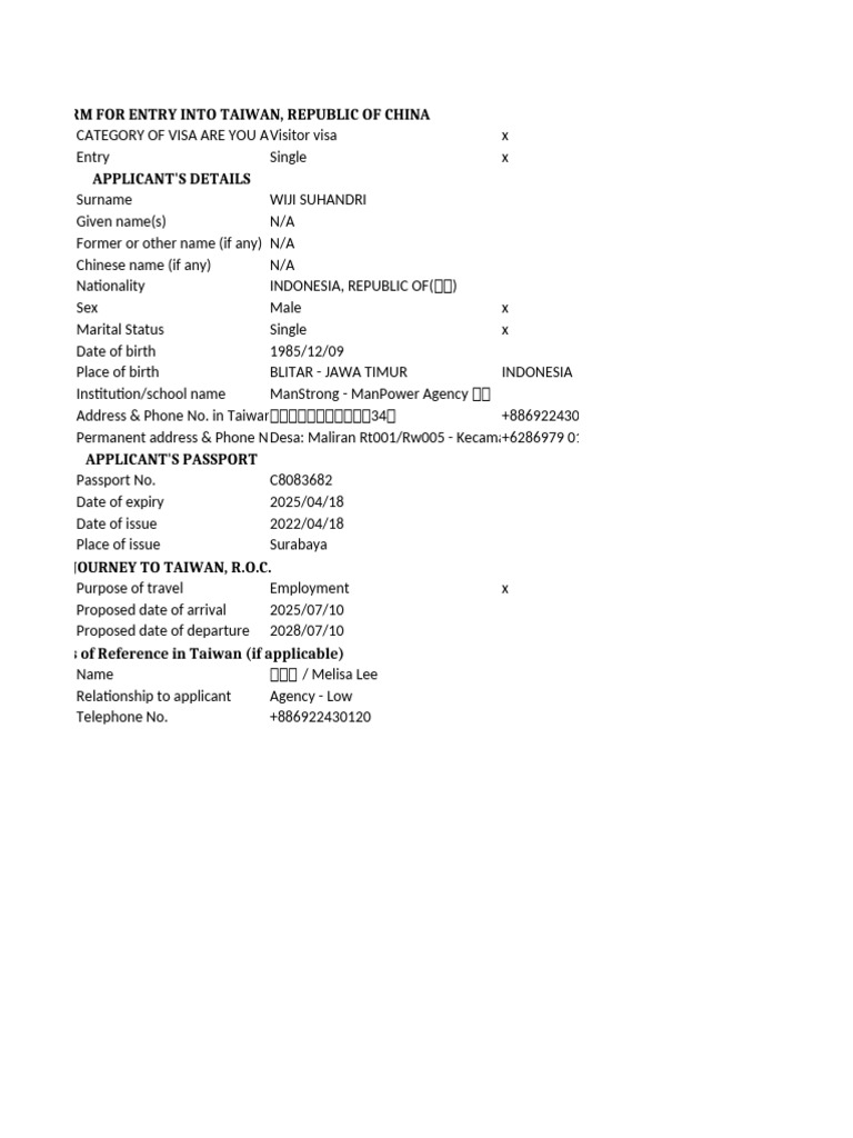 Formulir Visa Taiwan FormatLengkap | PDF