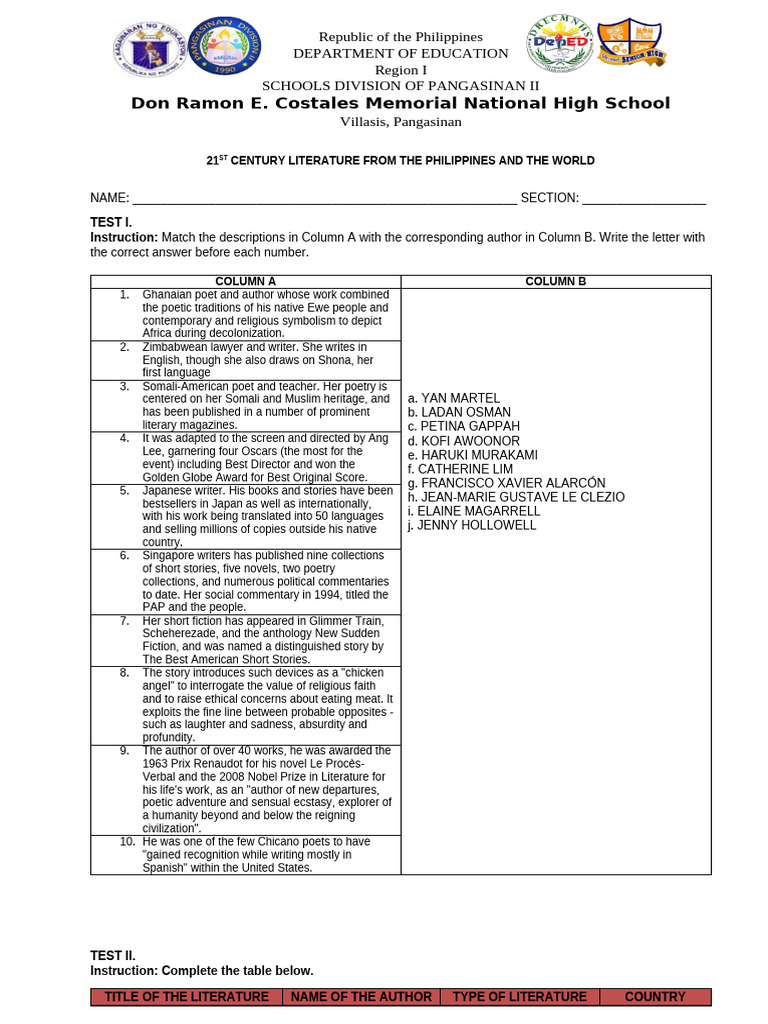 21st Century Literature Test Guide | PDF | Writing
