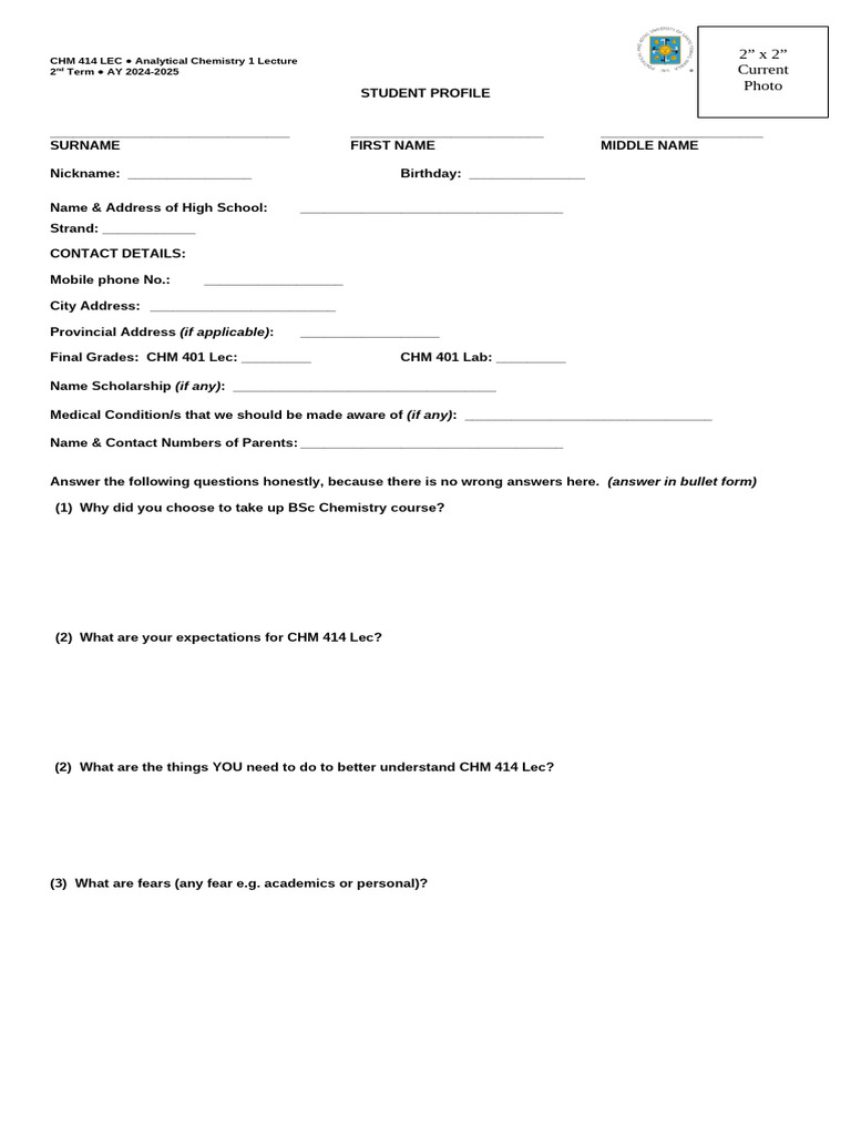 Student Profile for CHM 414 LEC | PDF