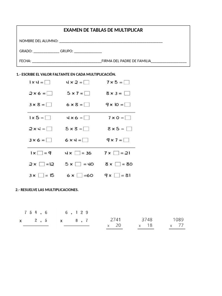 Examen de Multiplicaciones para Niños | PDF