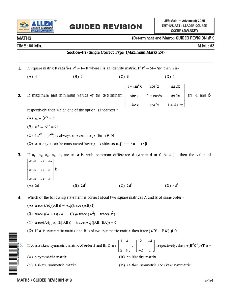JEE 2025 Maths Revision: Determinants & Matrices | PDF | Determinant | Operator Theory