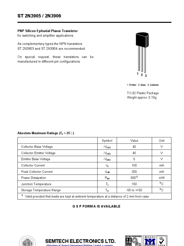 ST 2N3905 / 2N3906 PNP Silicon Epitaxial Planar Transistor: Technical Specifications and ...