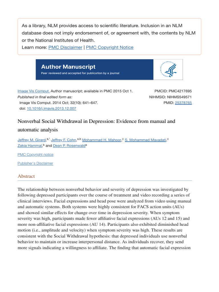 Nonverbal Social Withdrawal in Depression - Evidence From Manual and ...