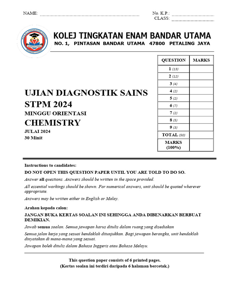 STPM 2024 Chemistry Diagnostic Test | PDF