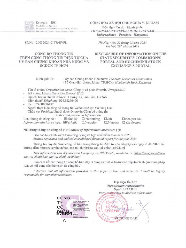 20240329 - EVE - BCTC Hop Nhat Kiem Toan 2023 Kem Giai Trinh_signed (2) | PDF