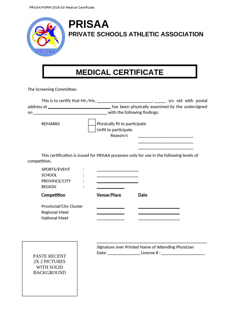 PRISAA-FORM-2016-03-MEDICAL-CERTIFICATE | PDF