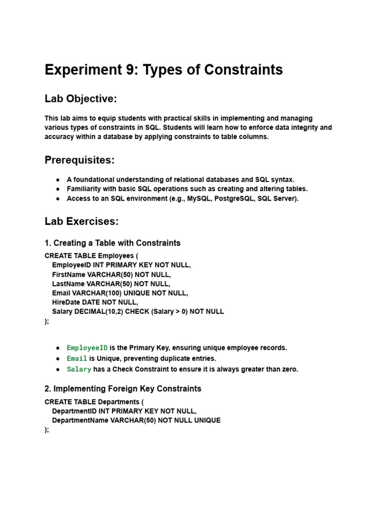 Lab-9# Experiment 9_ Types of Constraints ## __Lab Objective___ This Lab Aims to Equip Students ...