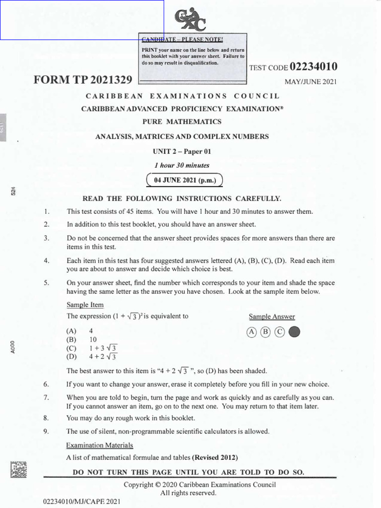 CAPE Pure Mathematics U2 P1 2021 | PDF | Mathematics