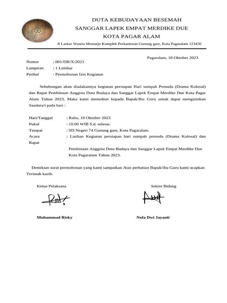 Surat Izin Duta Dan Sanggar L4M2 | PDF