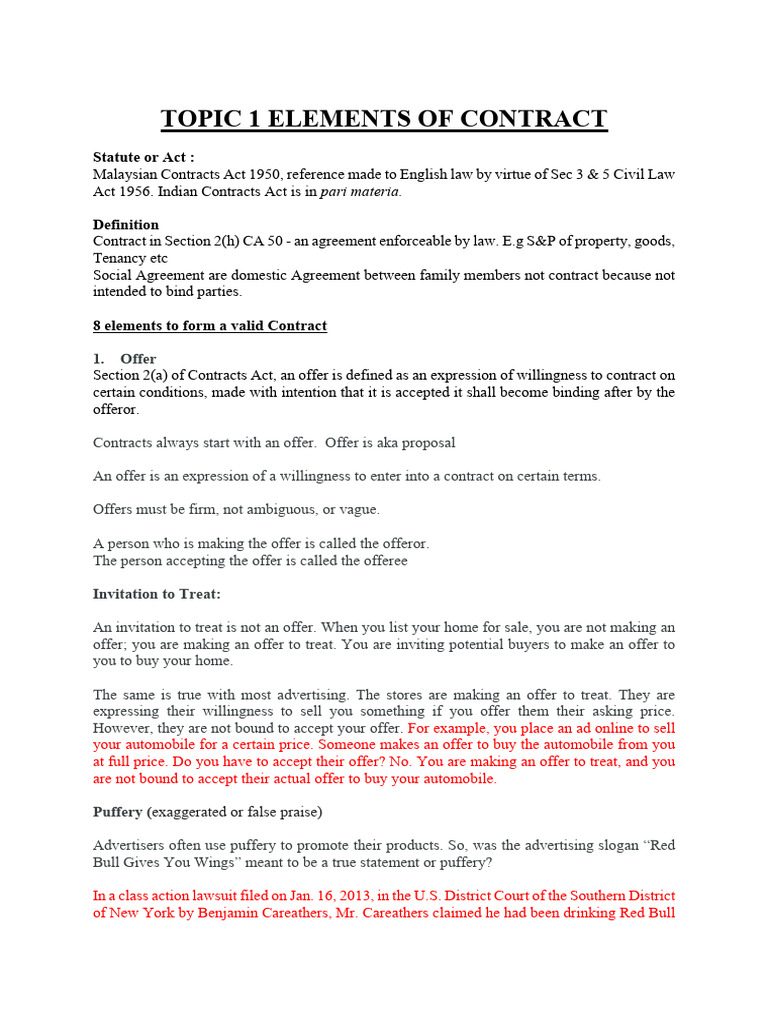 Topic 1 Elements of Contract | PDF | Consideration | Misrepresentation