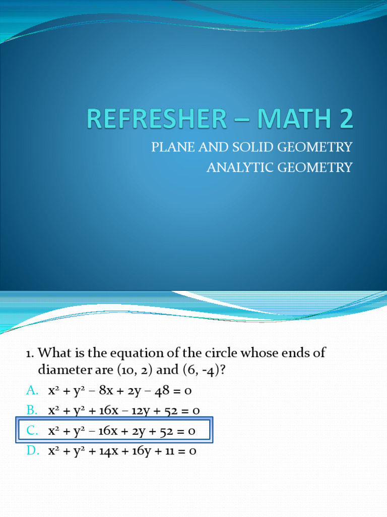Refresher Math 2 Dlsud 2 | PDF | Circle | Ellipse