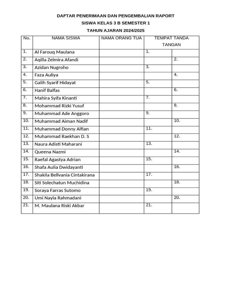 Daftar Penerimaan dan Pengembalian Raport (1) | PDF