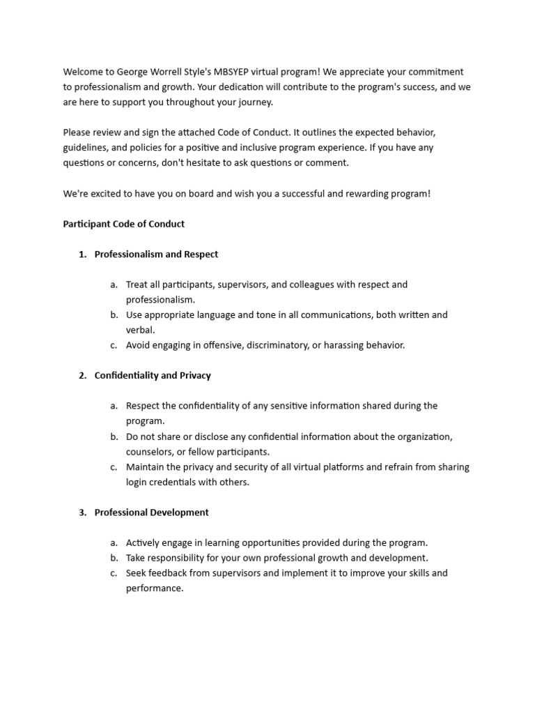 Participant Code of Conduct Contract - Mbsyep 2023 | PDF