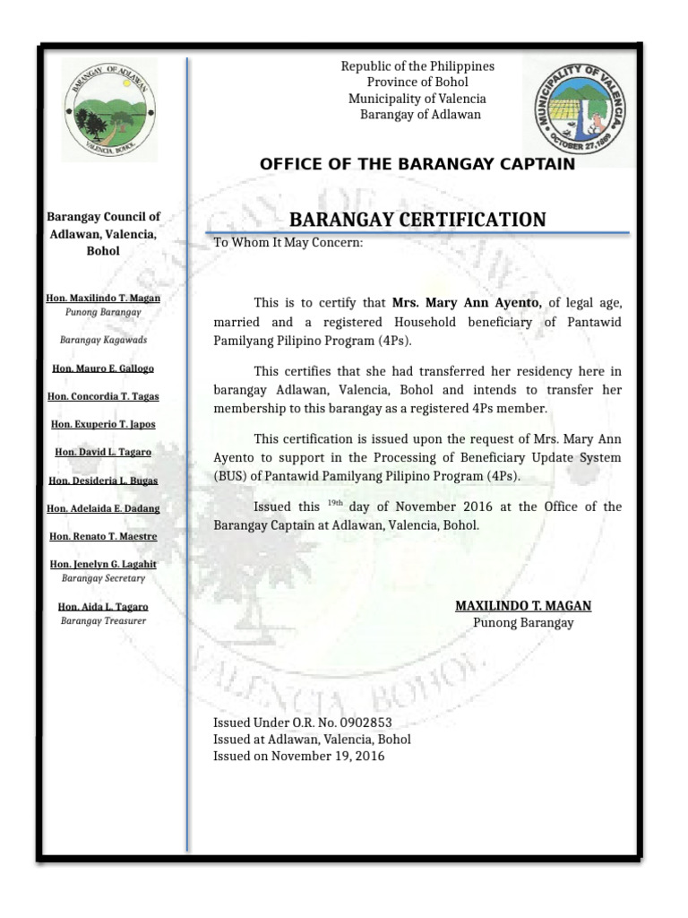 BARANGAY CERTIFICATION 4ps | PDF