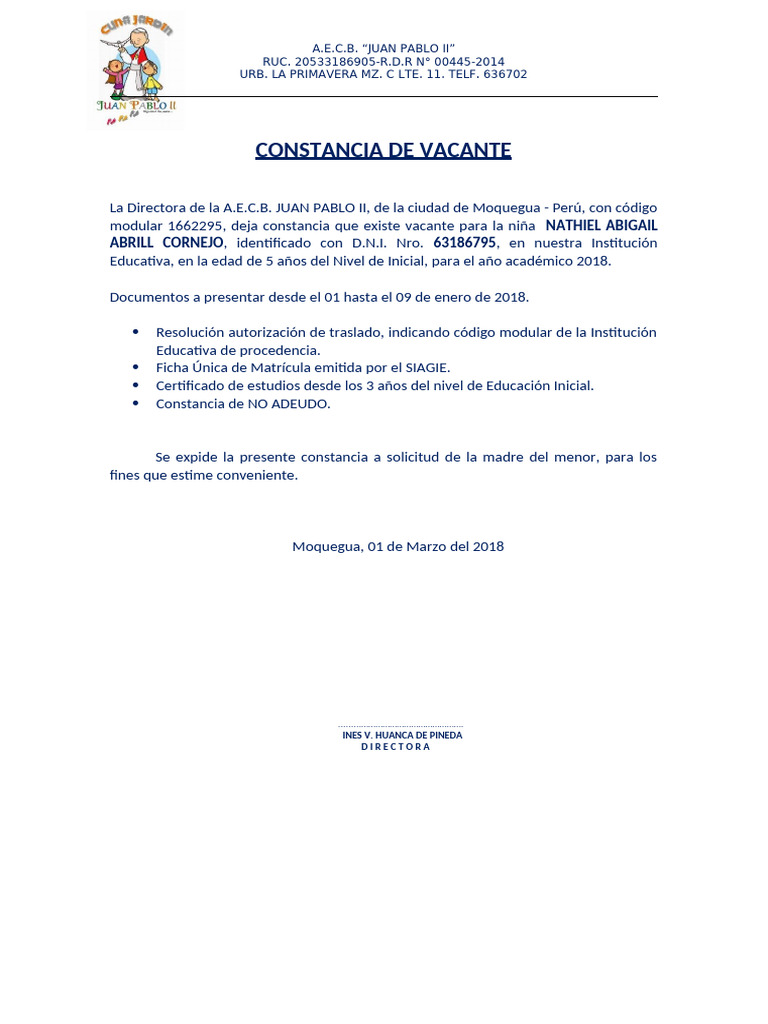 CONSTANCIA DE VACANTE (1) | PDF