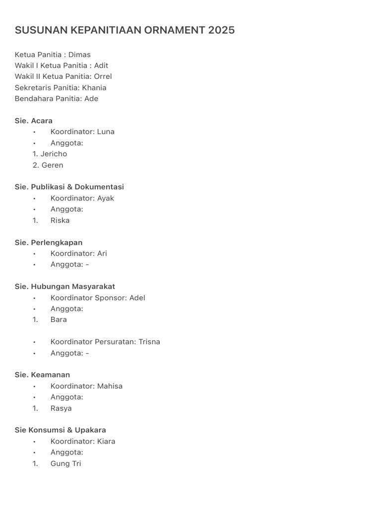 Susunan Kepanitiaan Ornament 2025 | PDF