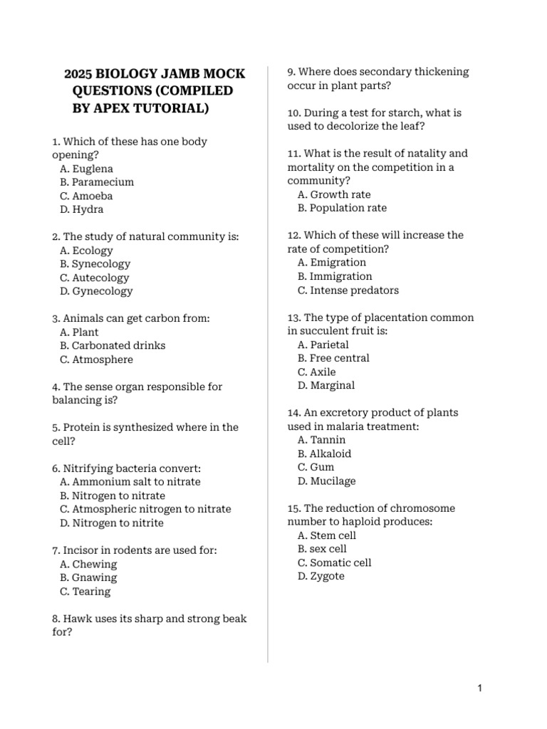 2025 Biology JAMB Mock Questions | PDF | Water | Chlorine