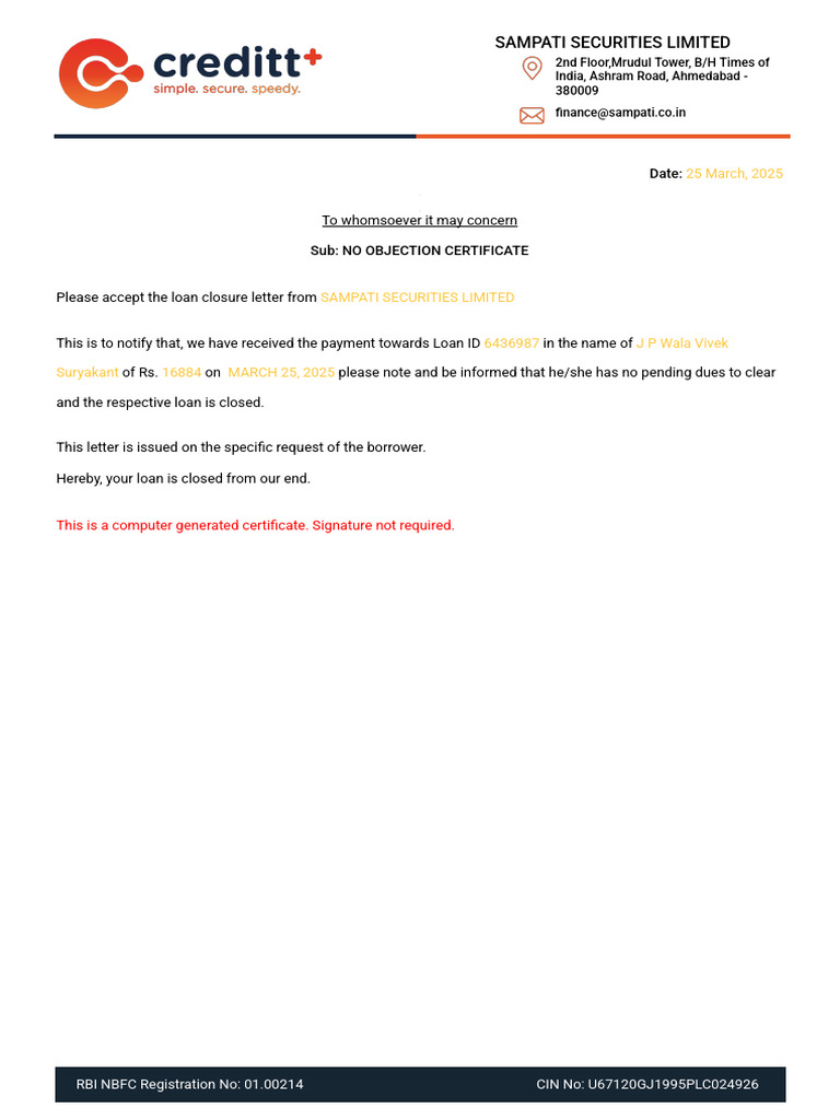 Loan Closure No Objection Certificate | PDF
