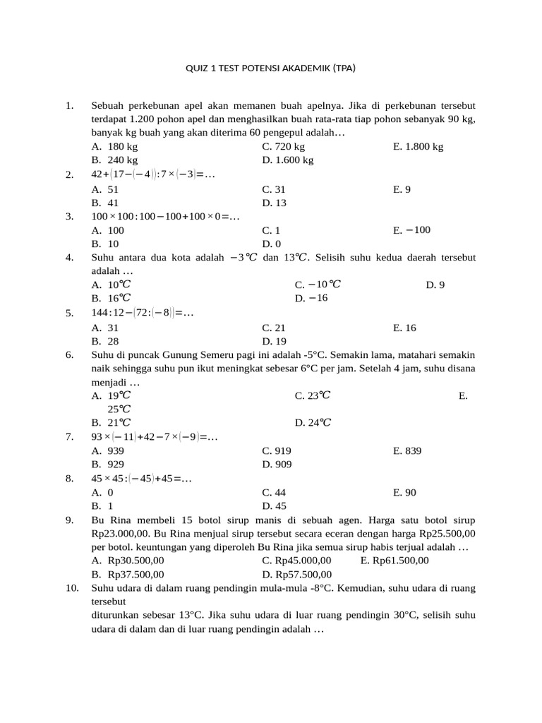 Quiz 1 Test Potensi Akademik | PDF