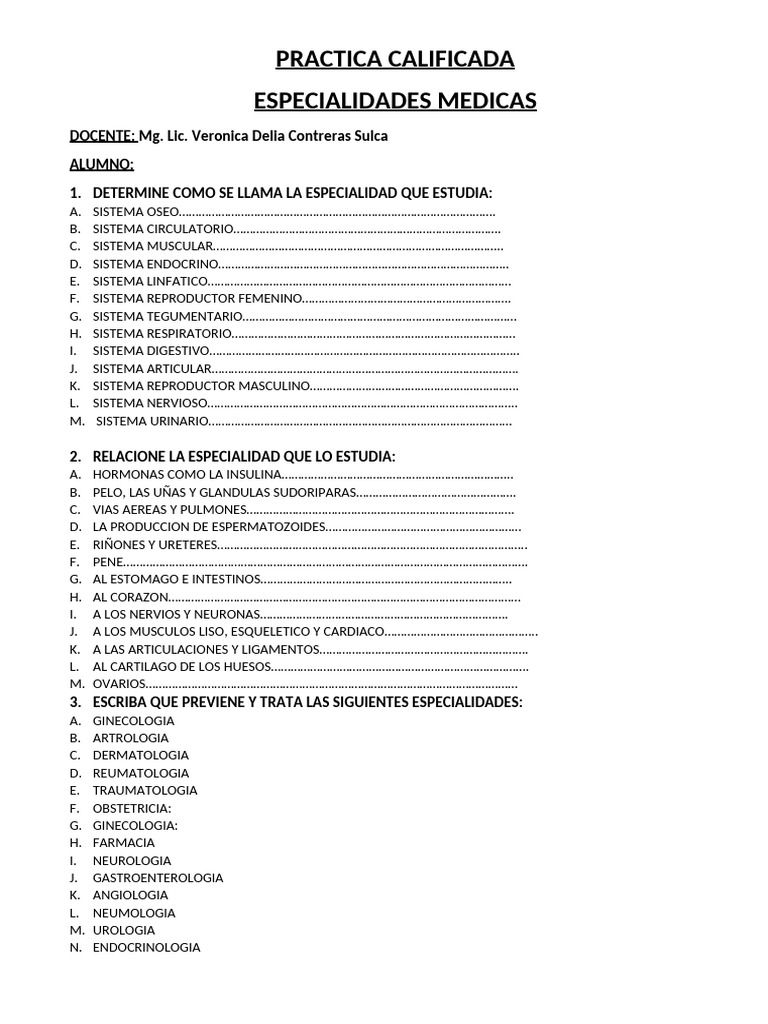 Practica Calificada Especialidades Medicas | PDF