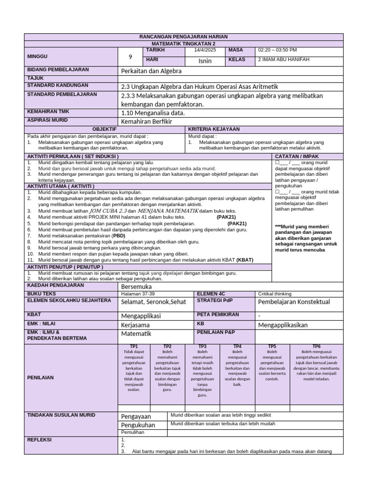RPH_SMK_MINGGU_6_MATEMATIK_TINGKATAN_2_2024_2025_BY_CIKGU_GORGEOUS | PDF