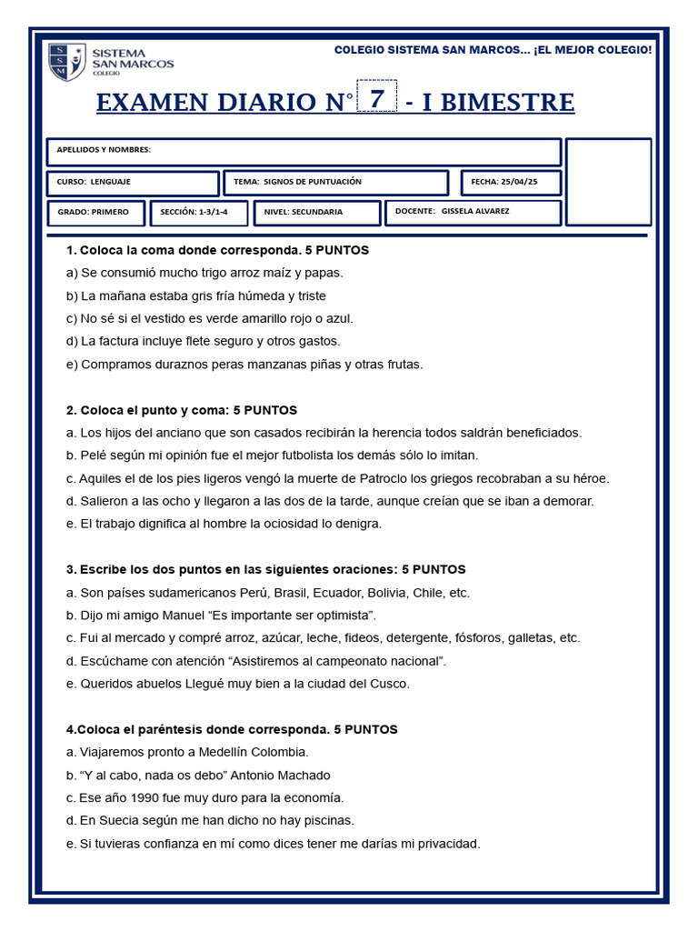 Examen Diario Semana 07 de Lenguaje Primero de Secundaria | PDF