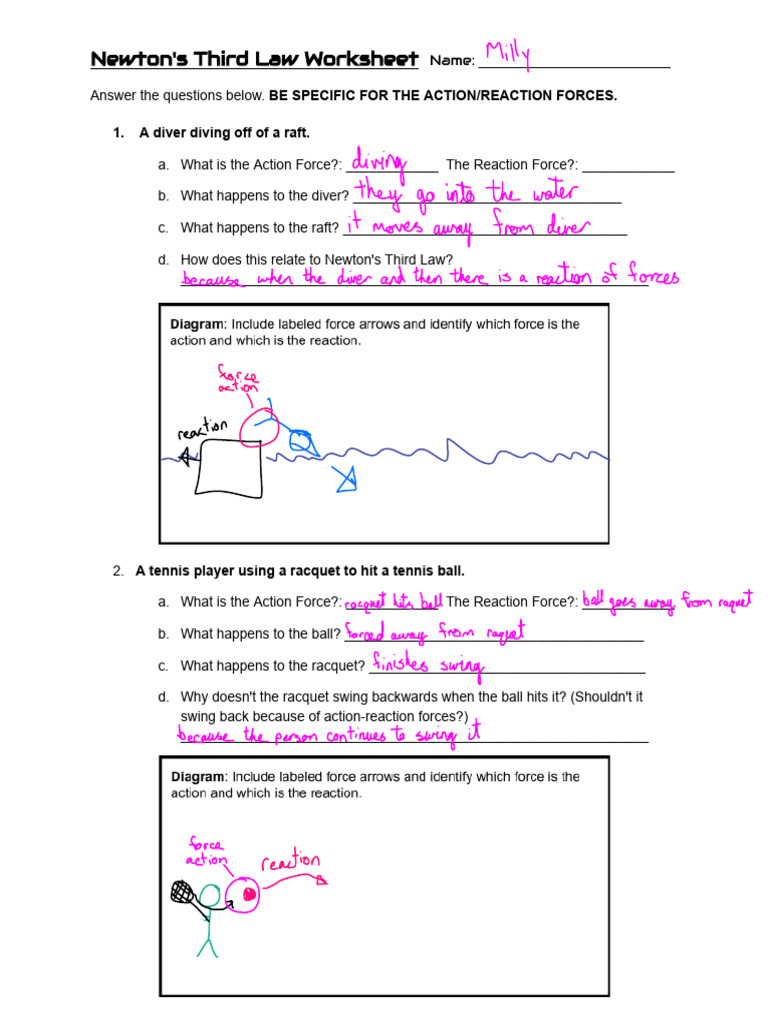 Newton's Third Law Action-Reaction Worksheet | PDF | Force | Mass