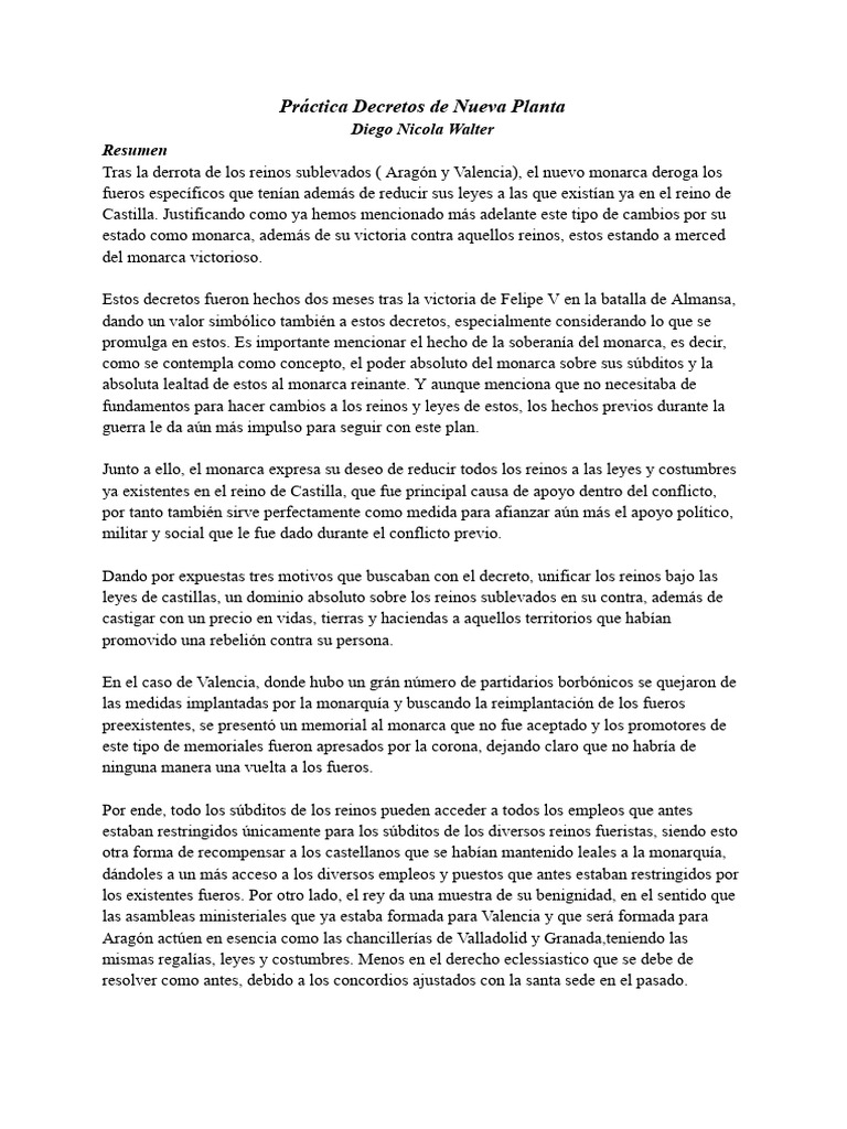 Práctica Decretos de Nueva Planta Diego Nicola Walter | PDF | España