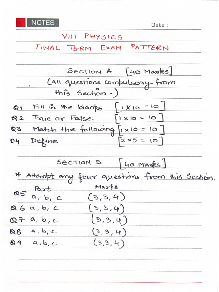 Reminder Physics Final Term Exam Pattern | PDF