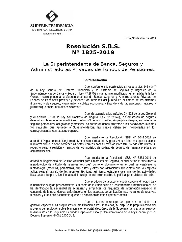 Resolución S.B.S. #1825-2019: La Superintendenta de Banca, Seguros y Administradoras Privadas de ...