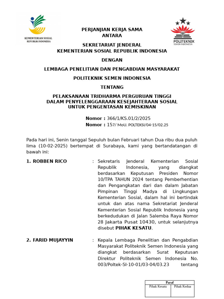 Template MoA Sekjen Kemensos & LPPM Perguruan Tinggi Se-Jawa Timur | PDF
