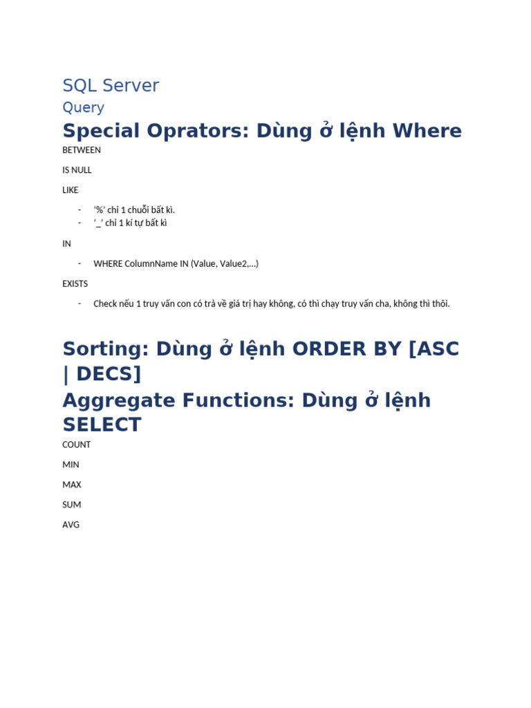 Special Oprators: Dùng ở lệnh Where: SQL Server | PDF