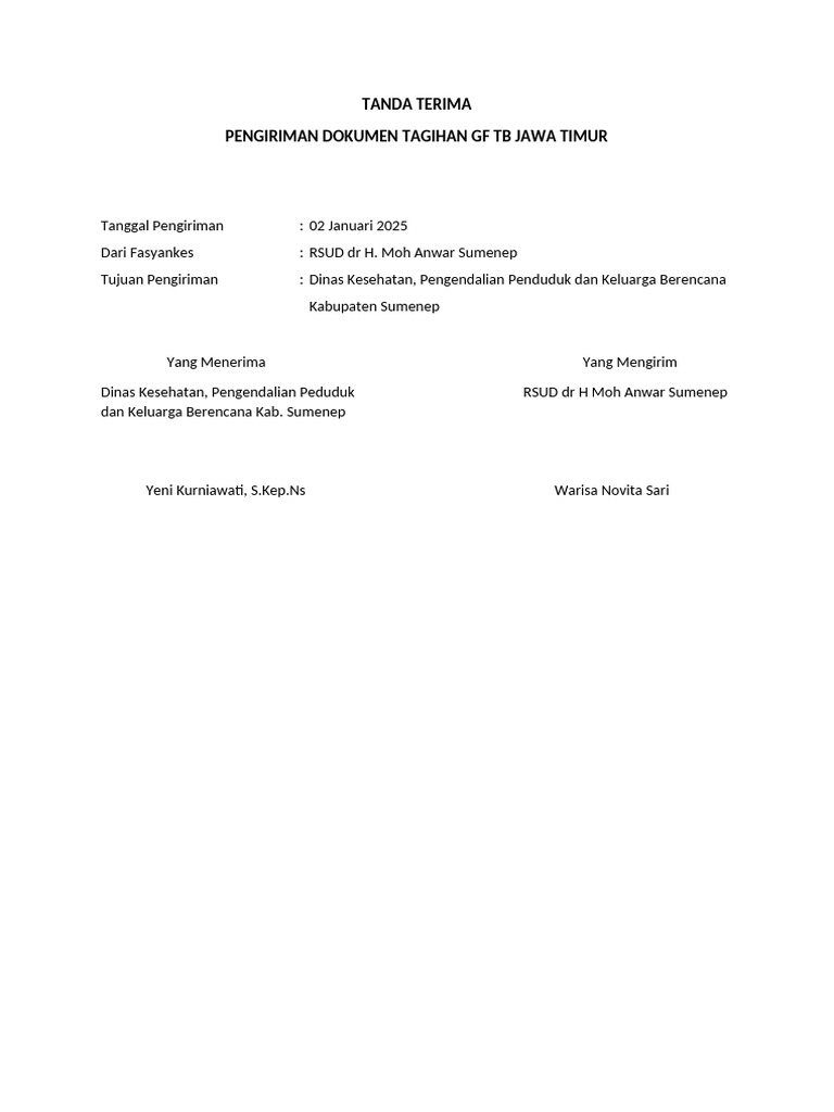 Tanda Terima Pengiriman Dokumen Tagihan | PDF