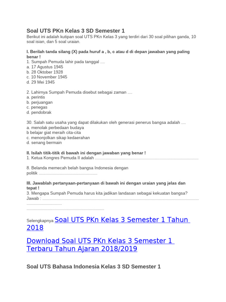 Soal UTS Kelas 3 SD Semester 1 | PDF
