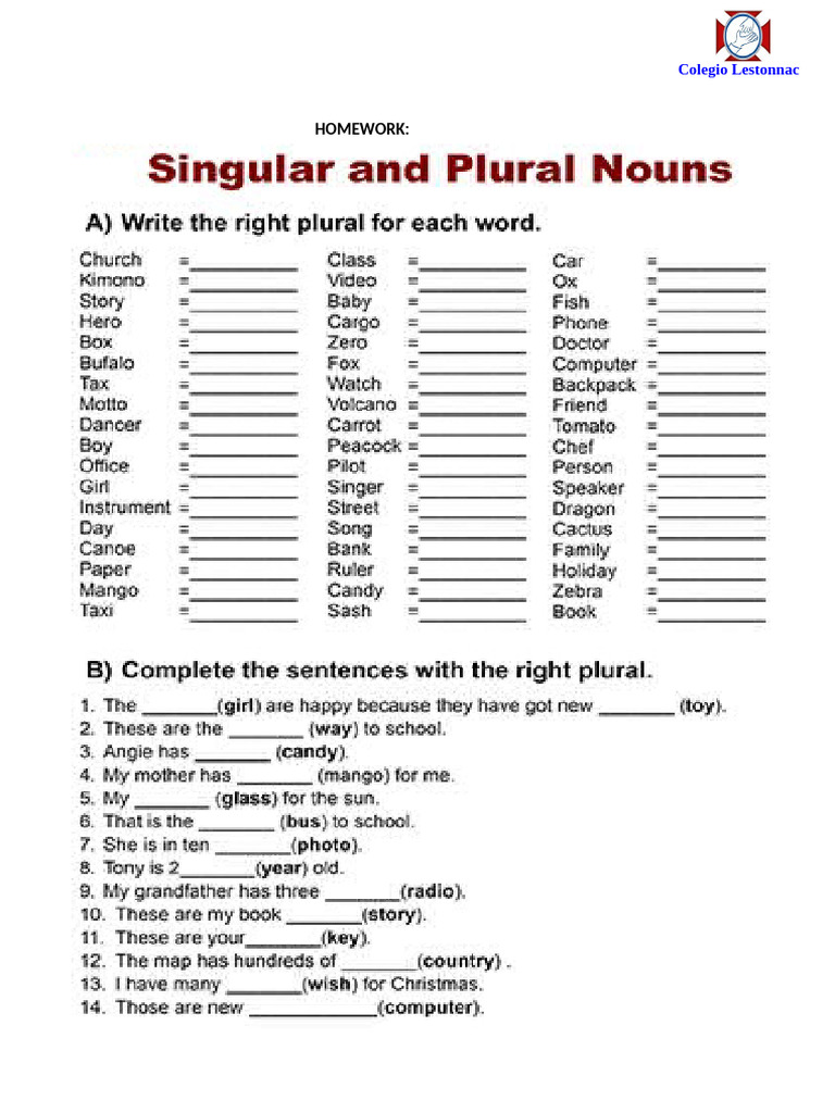 Homework Singular and Plural Noun Semana 5 4-5 | PDF