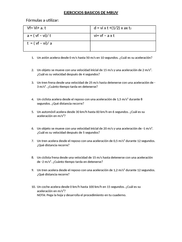 Ejercicios Basicos de Mruv | PDF