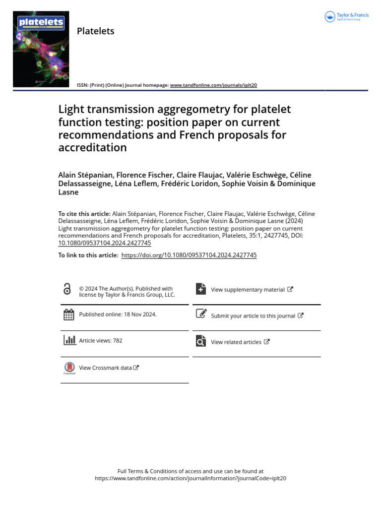 Light Transmission Aggregometry for Platelet Function Testing Position ...