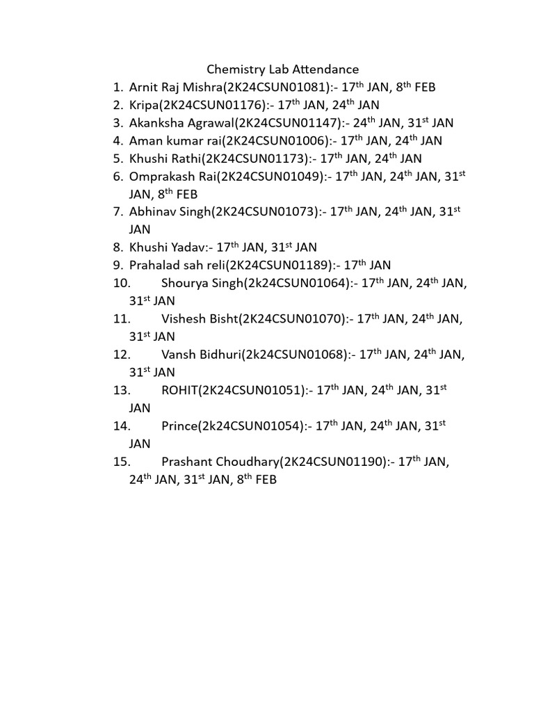 Chemistry Lab Attendance | PDF