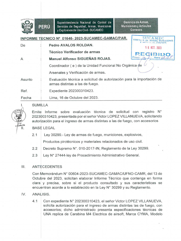 Informe Tecnico N 01646-2023-Sucamec-Gamac Exp 202300310423 | PDF