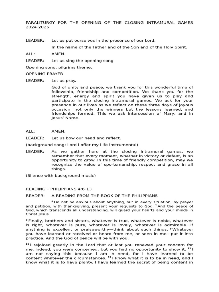 Closing Paraliturgy for Intramurals 2025 | PDF | Prayer | Intercession